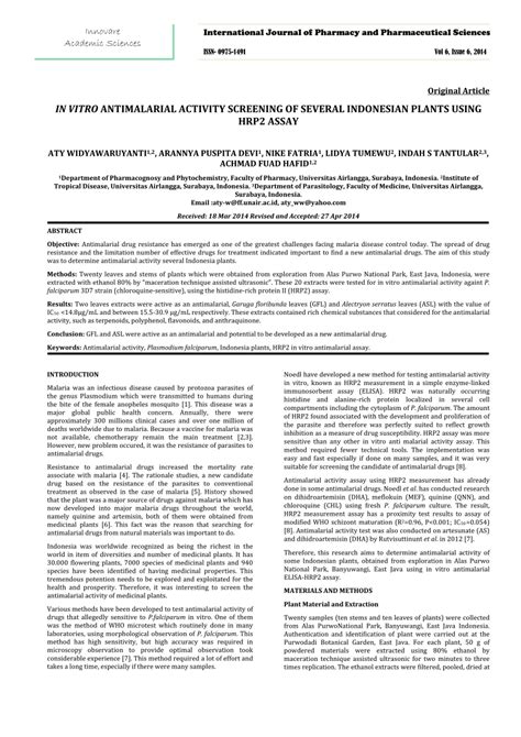 Pdf In Vitro Antimalarial Activity Screening Of Several Indonesian