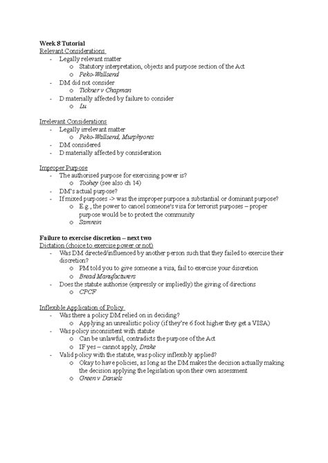 Week 8 Tutorial Notes Week 8 Tutorial Relevant Considerations Legally Relevant Matter O