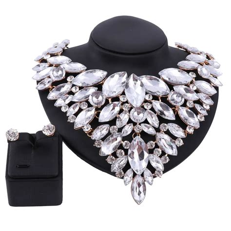 Luxury Gold Color Crystal Bridal Statement Jewelry Set For Brides