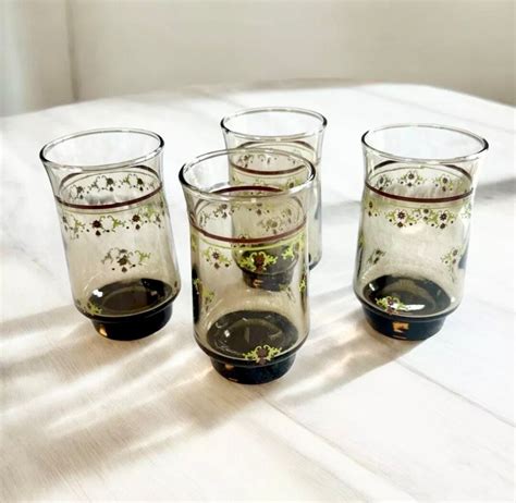 Set Of 4 Vintage Libbey Drinking Glasses Smokey Floral Design Vintage