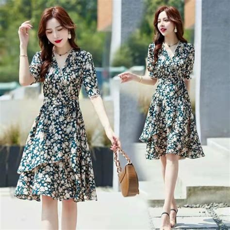 Dress Bunga Dress Bunga Korea 2022 Baru Gaun Sifon Bunga Kecil V Neck