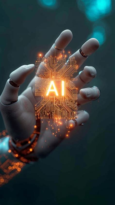 Hand Holds Ai Logo On Microchip Hologram 3d Ai Humanoid Stock