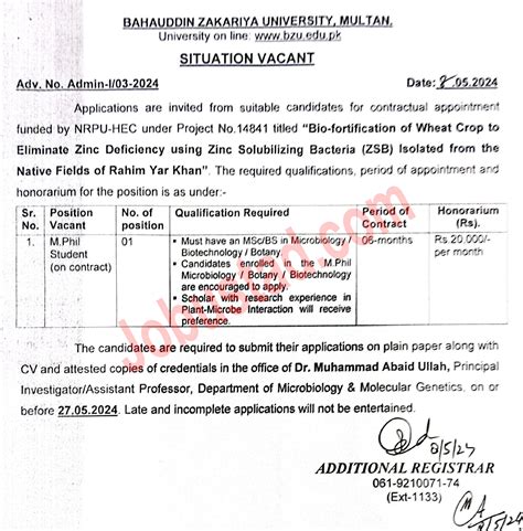 New Bahauddin Zakariya University Bzu Jobs In Multan May 2024