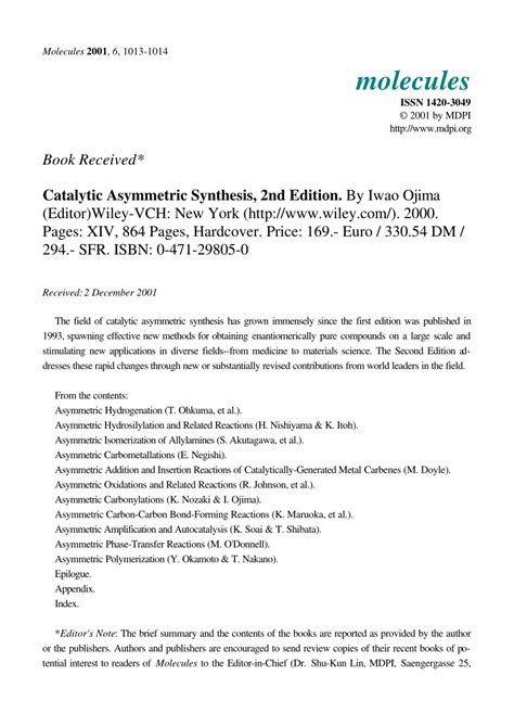 Pdf Catalytic Asymmetric Synthesis Second Edition