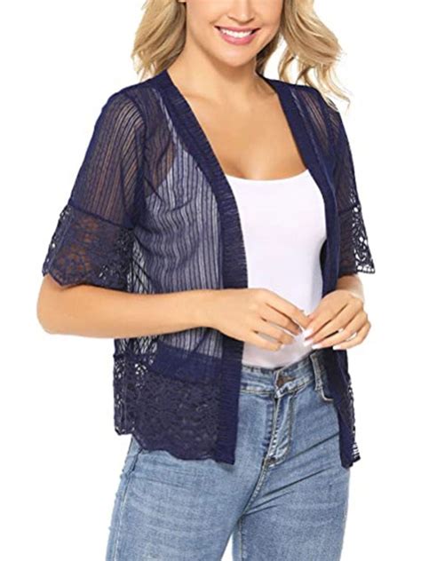 Caitzr Womens Casual Lace Cardigan Summer Lightweight Crochet Floral Short Sleeve Shrugs Mesh