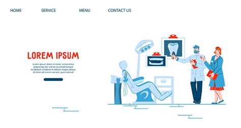 친절한 치과 의사와 치과 진료소를위한 웹 사이트 페이지 템플릿 만화 벡터 일러스트레이션 건강 진단에 대한 스톡 벡터 아트 및 기타 이미지 건강 진단 건강관리와 의술