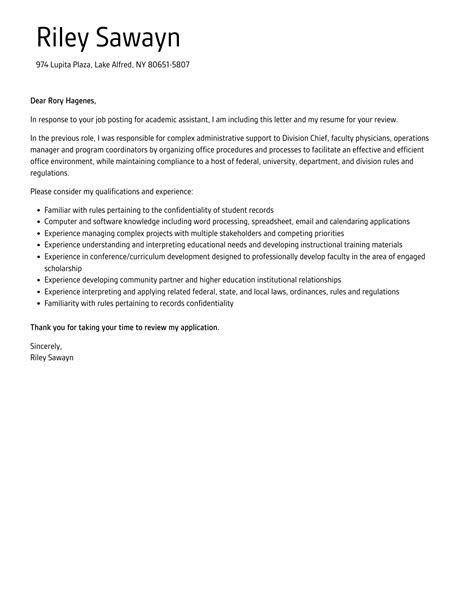 Academic Assistant Cover Letter Velvet Jobs