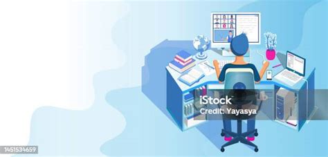 집에서 온라인으로 학습 책상에 앉아 컴퓨터 모니터를 보고 있는 학생 E러닝 배너 웹 코스 또는 자습서 개념입니다 거리 교육 평면 등소 일러스트 교과서에 대한 스톡 벡터 아트