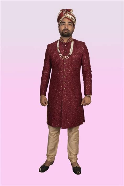 Maroon Raw Silk Sherwani With Zari And Sequins Work For Rental At Rs
