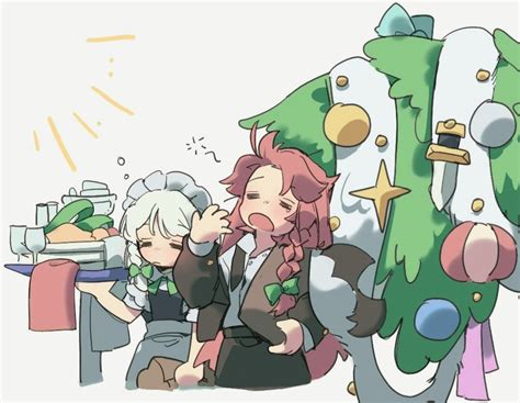 Safebooru 2girls Alternate Costume Braid Christmas Tree Cup Drinking