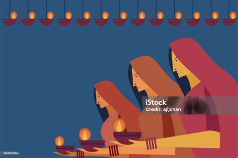 그들의 손에 기름 램프를 들고 전통적인 여성 디왈리 페스티벌 컨셉 개념에 대한 스톡 벡터 아트 및 기타 이미지 개념 개념과 주제 공휴일 Istock