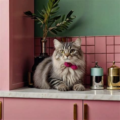 Premium Vector A Cat Sits On A Counter With A Pink Wall Behind It