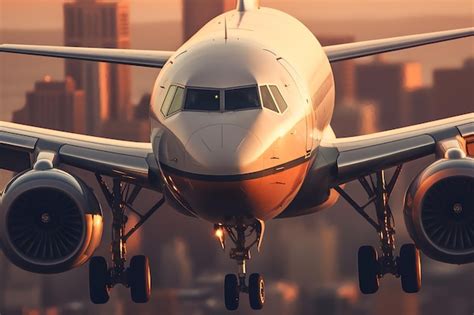 Premium Ai Image Commercial Airplane Flying Over Modern City Neural Network Ai Generated