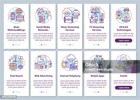 개념 세트가 있는 인터넷 관련 통신 양식 온보딩 모바일 앱 페이지 화면 개념에 대한 스톡 벡터 아트 및 기타 이미지 개념 그래픽 사용자 인터페이스 디자인 Istock