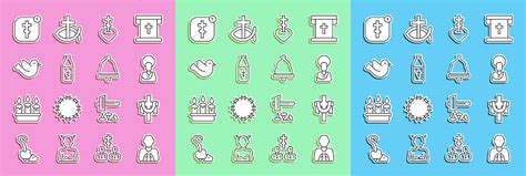 기도 하는 위치에 정렬 손 기독교 십자가 예수 종교적 심장 거룩한 물 병 비둘기 온라인 교회 목사 설교와 교회 종 아이콘 벡터 Krampus에 대한 스톡 벡터 아트 및 기타