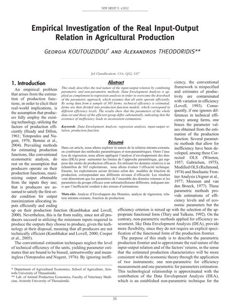 Pdf Empirical Investigation Of The Real Input Output Relation In Agricultural Production