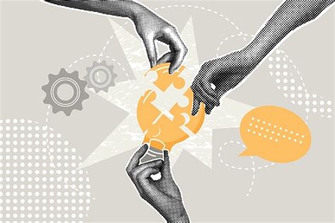 현대 하프 톤 콜라주 팀워크 개념 협업 아이디어 개발 직원 참여 개념 솔루션을 얻기 위한 상호 작용 웹 배너를 위한 비즈니스 크리에이티브 일러스트레이션 마케팅 자료 비즈니스