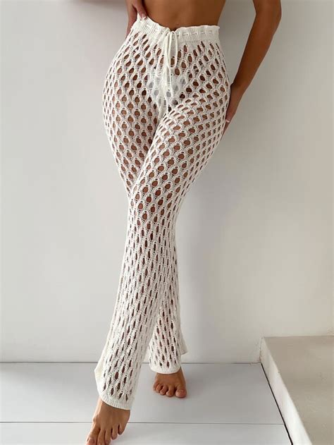 Shein Swim Bohofeel Hollow Out Drawstring Waist Crochet Flare Leg Pants