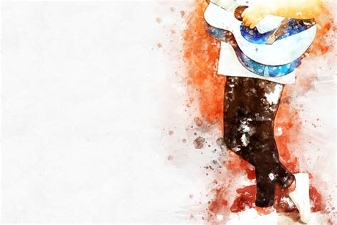 초록 아름 다운 예술 수채화 그림 배경 및 디지털 일러스트 브러쉬에 포그라운드에서 어쿠스틱 기타를 연주 녹음 장비에 대한 스톡