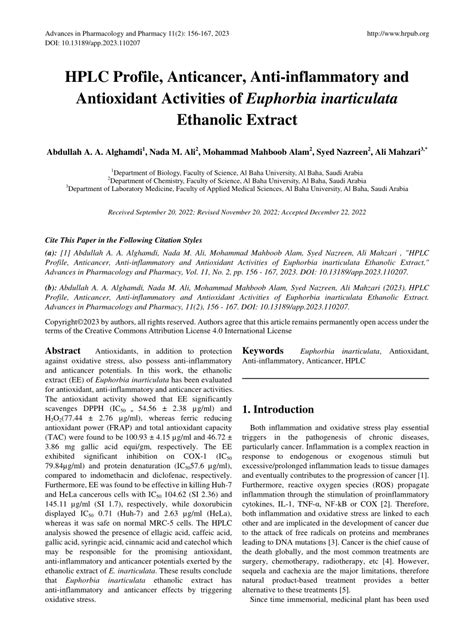 Pdf Hplc Profile Anticancer Anti Inflammatory And Antioxidant
