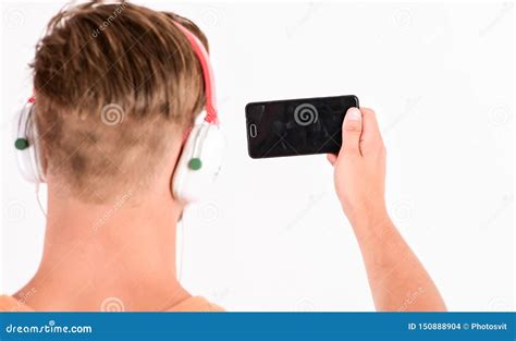 Watching Video Mp Player Muscular Man Listen Music On Phone Mp Player Stock Photo Image Of