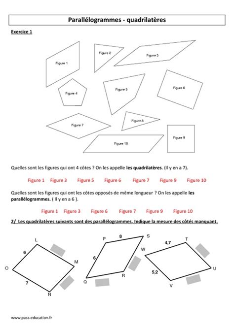 Parallélogrammes Quadrilatères Exercices Corrigés Cm1 Cm2