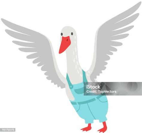 귀여운 흰색 거 위 만화 캐릭터는 날개를 펄 럭이는 데님 평상복 벡터 일러스트 레이 션 거위 새에 대한 스톡 벡터 아트 및 기타