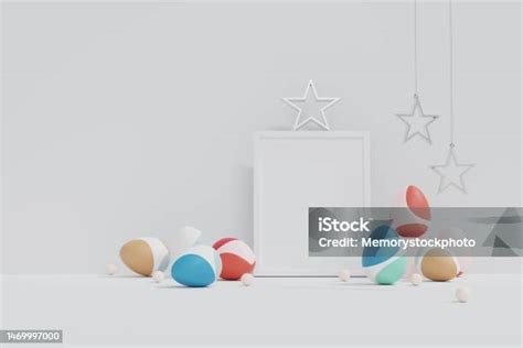 부활절 전통 화려한 부활절 달걀과 흰색 배경에 빈 프레임 3d 그림 개념에 대한 스톡 사진 및 기타 이미지 개념 계절
