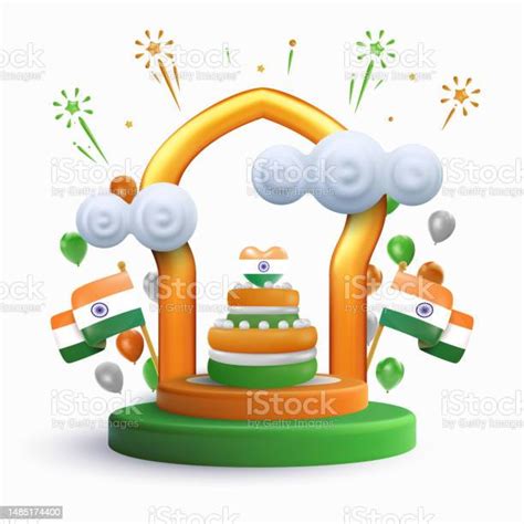 8 월 15 일 연단 또는 휴일 요소가 포함 된 전시 인도 독립 기념일을 위한 축제 예술품 국가 축하 디자인 최소한의 사실적인