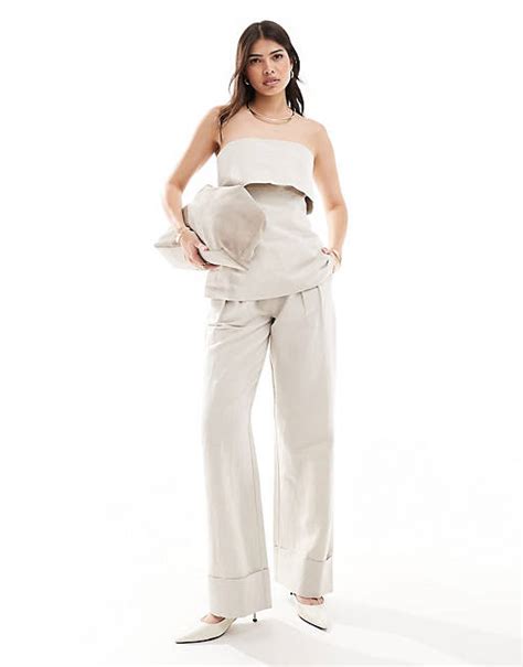 Pretty Lavish Linen Blend Bandeau Top And Wide Leg Trouser Co Ord In