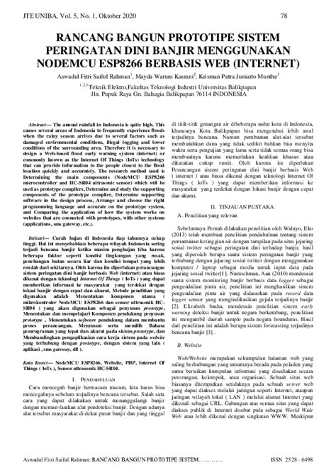 Pdf Rancang Bangun Prototipe Sistem Peringatan Dini Banjir Menggunakan Nodemcu Esp8266