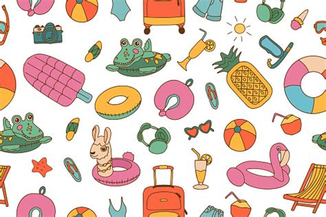 여름 휴가와 여행의 요소를 손으로 그린 완벽한 패턴 스케치의 스타일은 낙서 스타일입니다 벽지 배경 포장 엽서 인쇄에 대 한 그림 벡터 일러스트 레이 션 계절에 대한 스톡