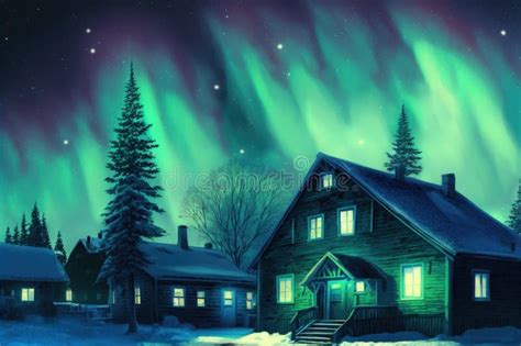 A Night View Of A Village Under The Northern Lights Stock Illustration