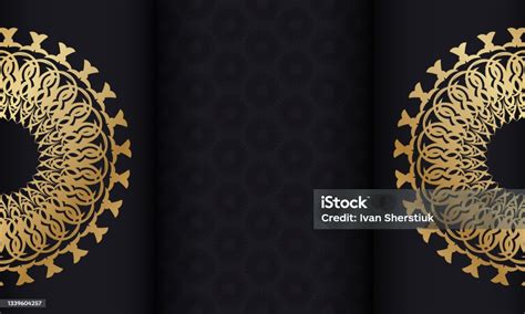 Black Color Banner Template With Golden Vintage Pattern For Your Design