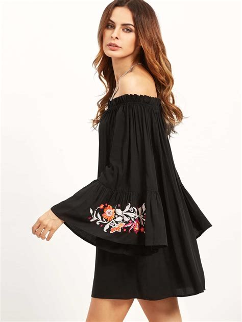 Black Embroidered Bell Sleeve Off The Shoulder Dress Sheinsheinside