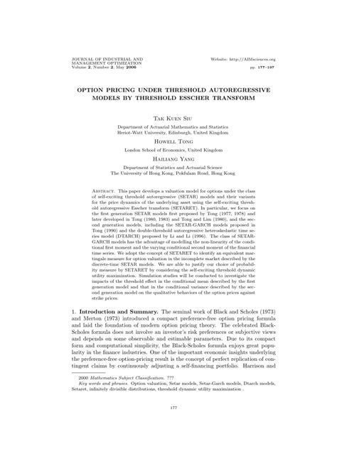 Pdf Option Pricing Under Threshold Autoregressive Models By Threshold
