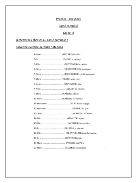 Practice Task Sheet Passe Compose Pdf