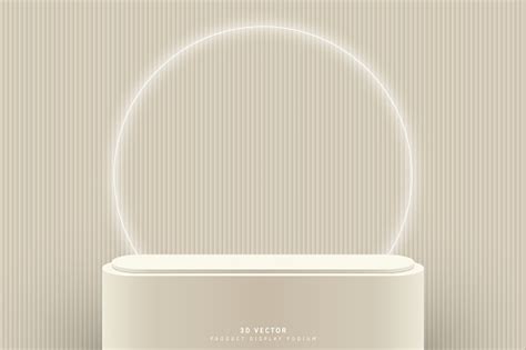 깨끗한 크림 3d 라운드 연단 또는 제품 디스플레이 및 빛나는 네온 링 수직 배경을 위한 스탠드 제품 전시 프레젠테이션 또는 모형을 위한 벽 장면 쇼케이스를 위한 무대 3d