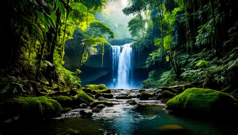 중간에 폭포가있는 열대 열대 우림 배경 배경 폭포 열대 우림 배경 일러스트 및 사진 무료 다운로드 Pngtree