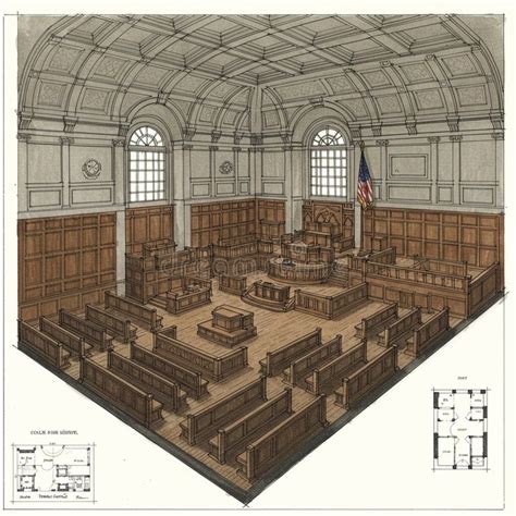 This Illustration Depicts A Detailed Courtroom Interior With Classic