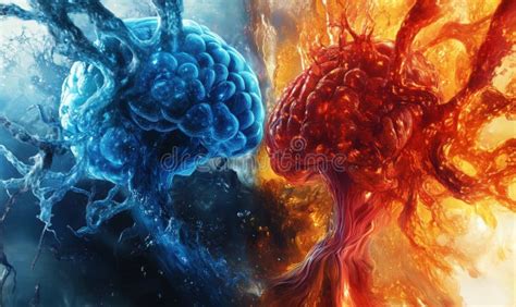 Blue And Red Abstract Brain Representations Symbolizing Duality And