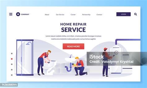 노동자들은 집 고정 작업을합니다 배관공은 화장실 탱크 싱크대 배관 파이프 온수기를 수리합니다 벡터 일러스트 레이 션 일러스트레이션에 대한 스톡 벡터 아트 및 기타 이미지