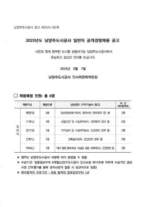 남양주도시공사 2023년 일반직 공개경쟁행정 기계 전기 건축 역무 채용 공모전 대외활동 링커리어