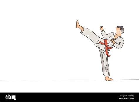 Single Continuous Line Drawing Of Young Confident Karateka Man In