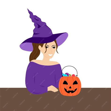 Premium Vector A Young Woman In A Witch Costume Puts Candy In A Bucket In The Form Of A Pumpkin