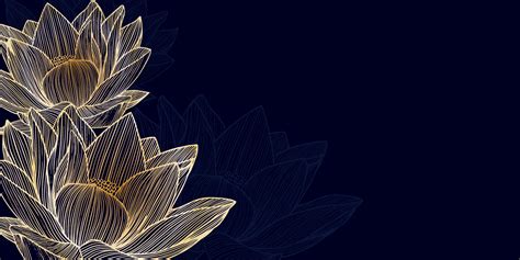 Golden Lotus Line Art On Dark Blue Background Wallpaper Design With