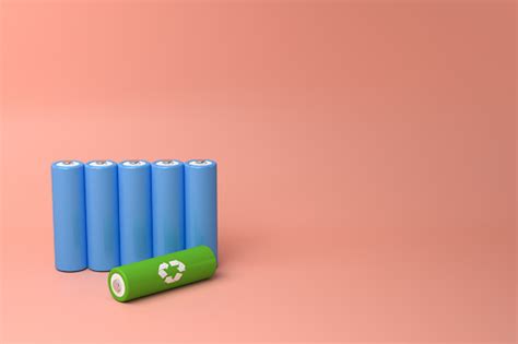 파란색의 18650 리튬 배터리의 수직 행과 재활용 기호가 있는 녹색 행 3d 렌더링 배터리 재활용에 대한 스톡 사진 및 기타 이미지 배터리 재활용 배터리 전원