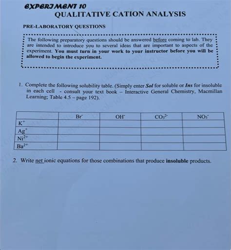 Solved EXPERJMENT 10 QUALITATIVE CATION ANALYSIS Chegg