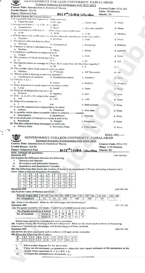 Sta 321 Introduction To Statistical Theory Bs English Gcuf Past Paper 2023 Education Hub