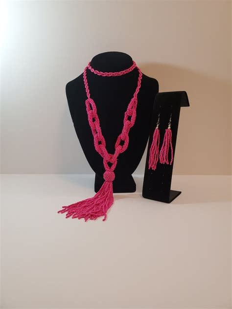 Pink Seed Bead Crochet Rope Lariat Necklace And Match Gem